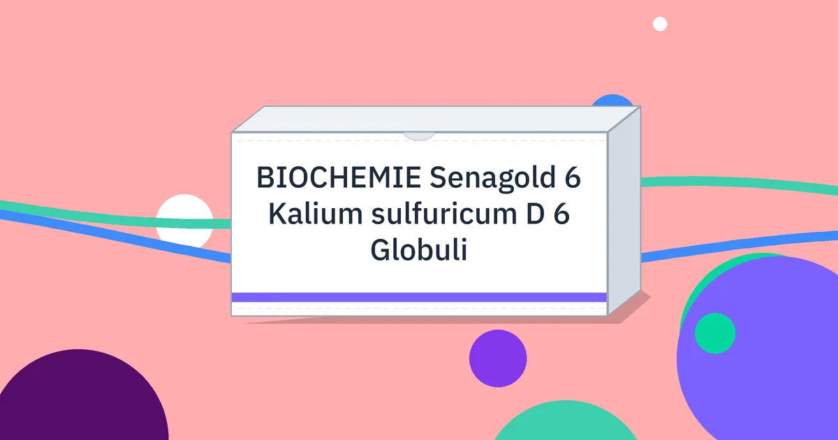 Symbolbild: Packung mit der Aufschrift BIOCHEMIE Senagold 6 Kalium sulfuricum D 6 Globuli (PZN 06827829) – Verfügbarkeit und Bezug in Apotheken in Frankfurt am Main