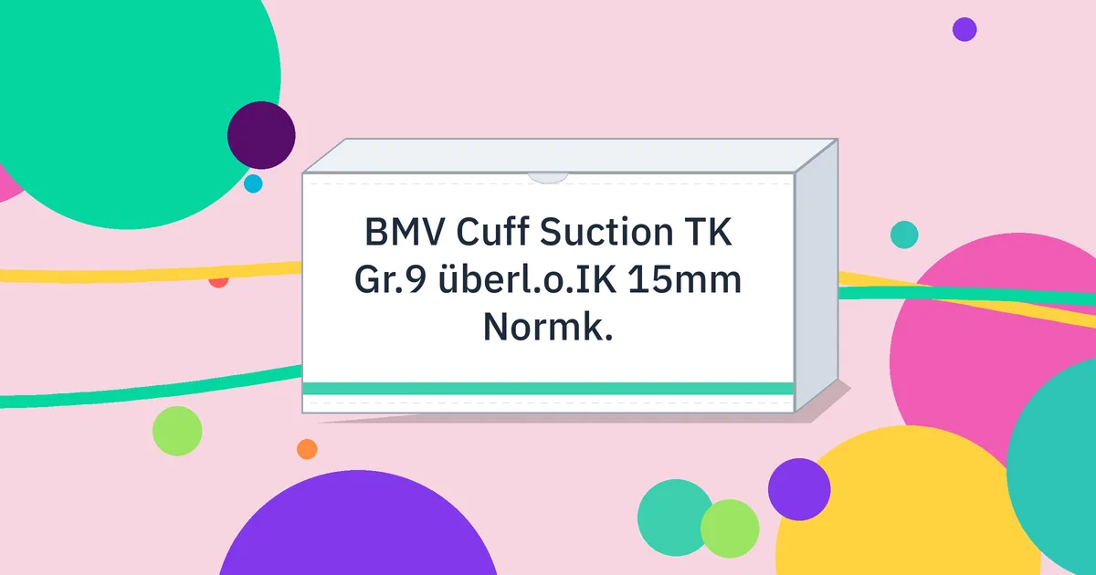 Symbolbild: Packung mit der Aufschrift BMV Cuff Suction TK Gr.9 überl.o.IK 15mm Normk. (PZN 18383450) – Verfügbarkeit und Bezug in Apotheken in Frankfurt am Main