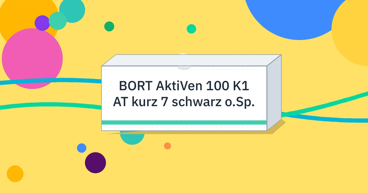 Symbolbild: Packung mit der Aufschrift BORT AktiVen 100 K1 AT kurz 7 schwarz o.Sp. (PZN 14388887) – Verfügbarkeit und Bezug in Apotheken in Frankfurt am Main