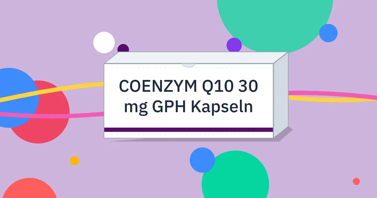Symbolbild: Packung mit der Aufschrift COENZYM Q10 30 mg GPH Kapseln (PZN 06832664) – Verfügbarkeit und Bezug in Apotheken in Frankfurt am Main