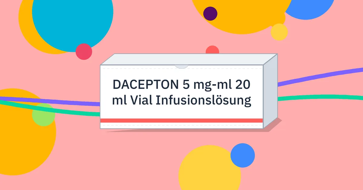 Symbolbild: Packung mit der Aufschrift DACEPTON 5 mg-ml 20 ml Vial Infusionslösung (PZN 11648158) – Verfügbarkeit und Bezug in Apotheken in Frankfurt am Main