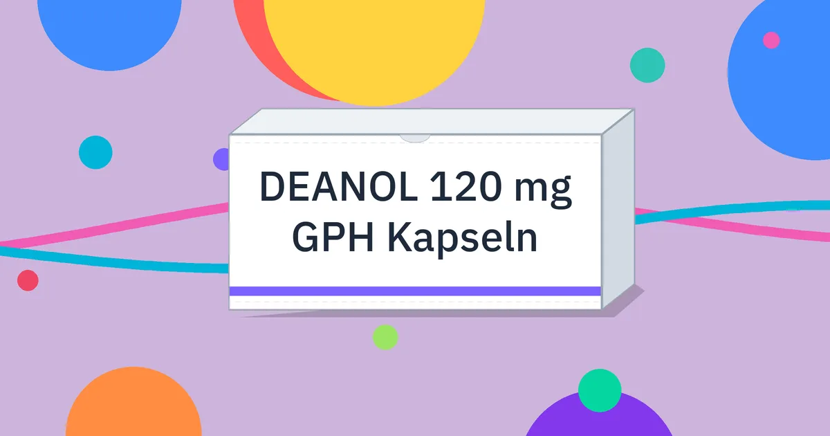 Symbolbild: Packung mit der Aufschrift DEANOL 120 mg GPH Kapseln (PZN 10977339) – Verfügbarkeit und Bezug in Apotheken in Frankfurt am Main