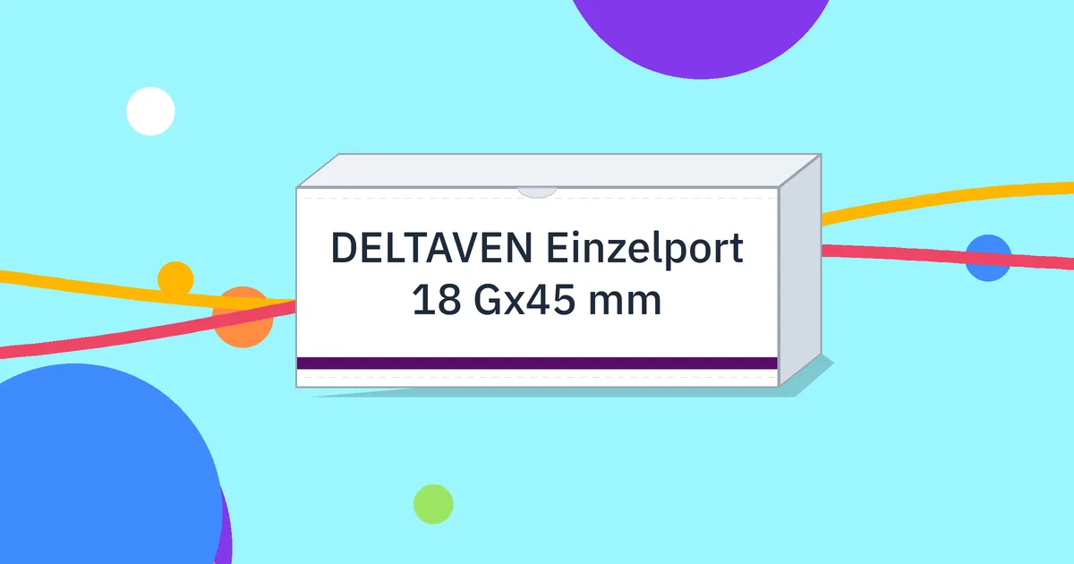 Symbolbild: Packung mit der Aufschrift DELTAVEN Einzelport 18 Gx45 mm (PZN 20365235) – Verfügbarkeit und Bezug in Apotheken in Frankfurt am Main
