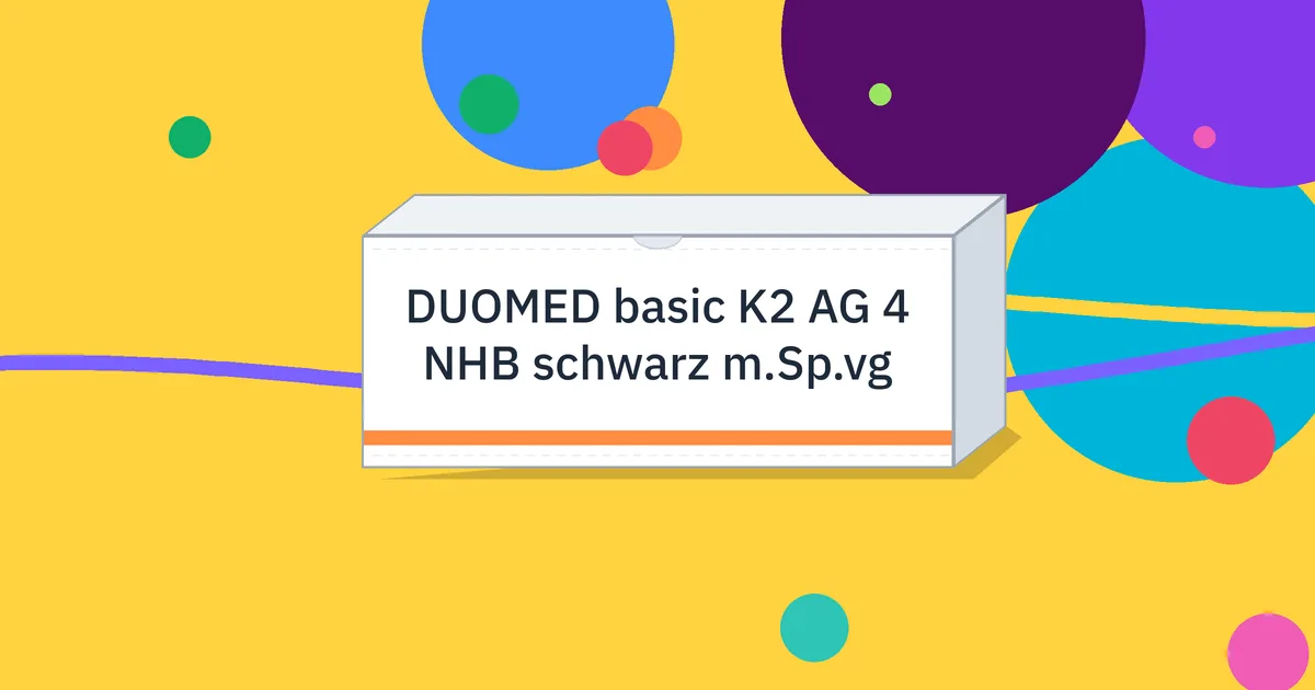 Symbolbild: Packung mit der Aufschrift DUOMED basic K2 AG 4 NHB schwarz m.Sp.vg (PZN 20908925) – Verfügbarkeit und Bezug in Apotheken in Frankfurt am Main
