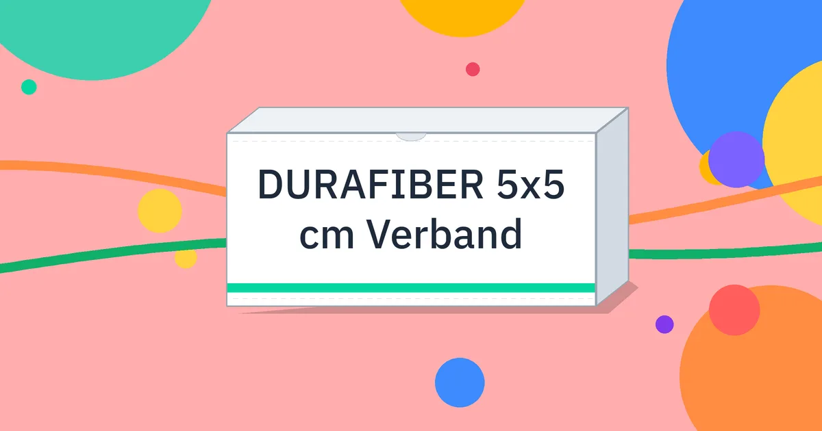 Symbolbild: Packung mit der Aufschrift DURAFIBER 5x5 cm Verband (PZN 18108726) – Verfügbarkeit und Bezug in Apotheken in Frankfurt am Main