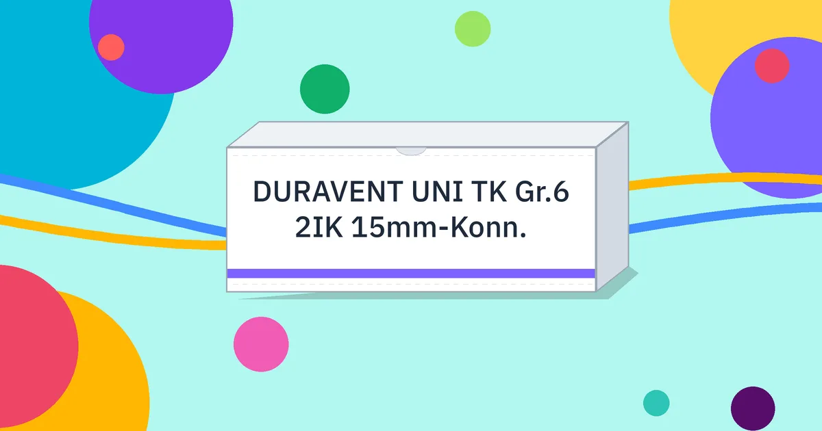 Symbolbild: Packung mit der Aufschrift DURAVENT UNI TK Gr.6 2IK 15mm-Konn. (PZN 04459882) – Verfügbarkeit und Bezug in Apotheken in Frankfurt am Main