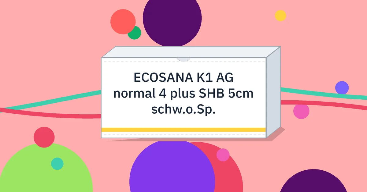Symbolbild: Packung mit der Aufschrift ECOSANA K1 AG normal 4 plus SHB 5cm schw.o.Sp. (PZN 04728098) – Verfügbarkeit und Bezug in Apotheken in Frankfurt am Main