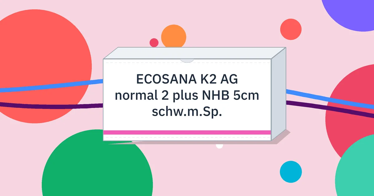 Symbolbild: Packung mit der Aufschrift ECOSANA K2 AG normal 2 plus NHB 5cm schw.m.Sp. (PZN 01387484) – Verfügbarkeit und Bezug in Apotheken in Frankfurt am Main