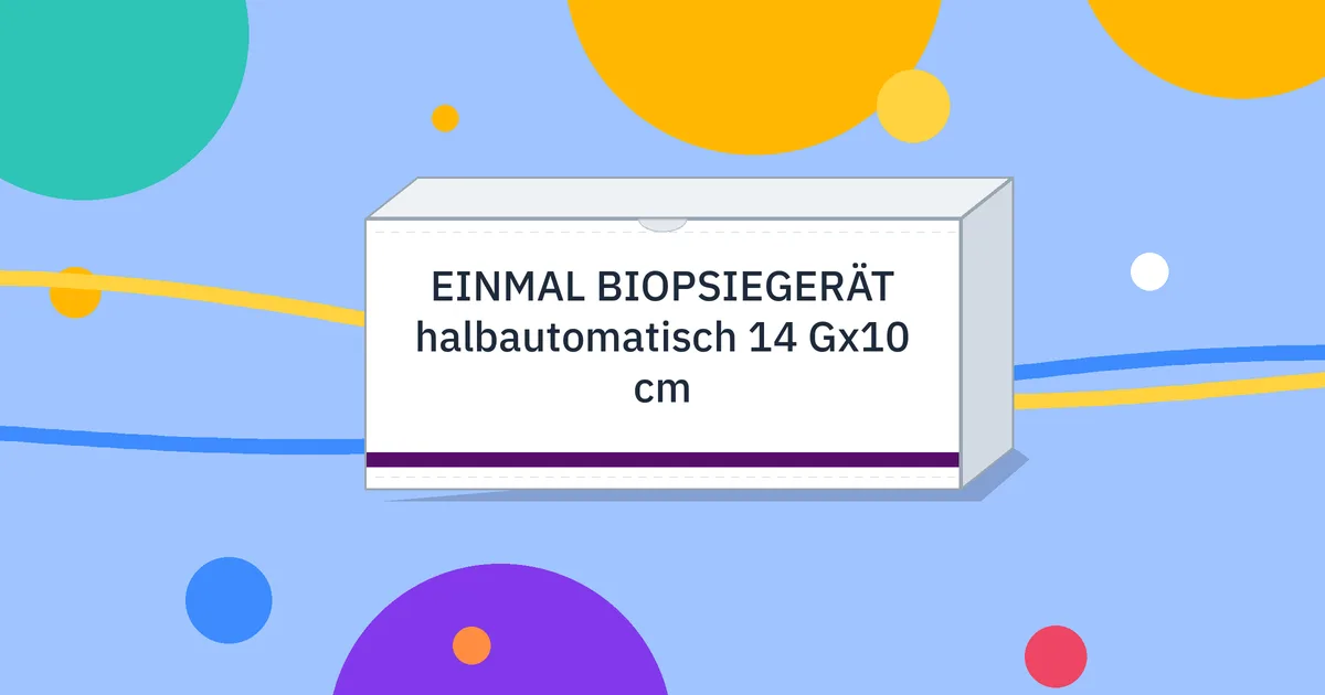 Symbolbild: Packung mit der Aufschrift EINMAL BIOPSIEGERÄT halbautomatisch 14 Gx10 cm (PZN 11105162) – Verfügbarkeit und Bezug in Apotheken in Frankfurt am Main