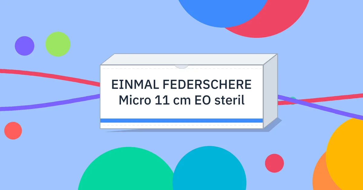 Symbolbild: Packung mit der Aufschrift EINMAL FEDERSCHERE Micro 11 cm EO steril (PZN 18849747) – Verfügbarkeit und Bezug in Apotheken in Frankfurt am Main