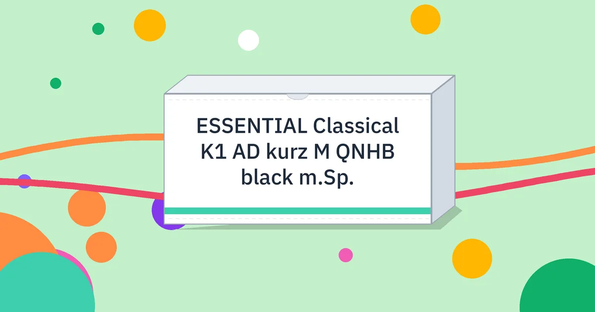 Symbolbild: Packung mit der Aufschrift ESSENTIAL Classical K1 AD kurz M QNHB black m.Sp. (PZN 18866680) – Verfügbarkeit und Bezug in Apotheken in Frankfurt am Main