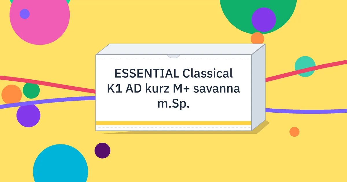 Symbolbild: Packung mit der Aufschrift ESSENTIAL Classical K1 AD kurz M+ savanna m.Sp. (PZN 17000027) – Verfügbarkeit und Bezug in Apotheken in Frankfurt am Main