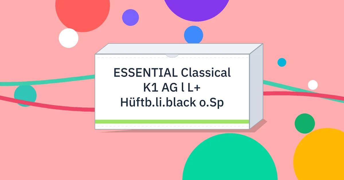 Symbolbild: Packung mit der Aufschrift ESSENTIAL Classical K1 AG l L+ Hüftb.li.black o.Sp (PZN 17013231) – Verfügbarkeit und Bezug in Apotheken in Frankfurt am Main