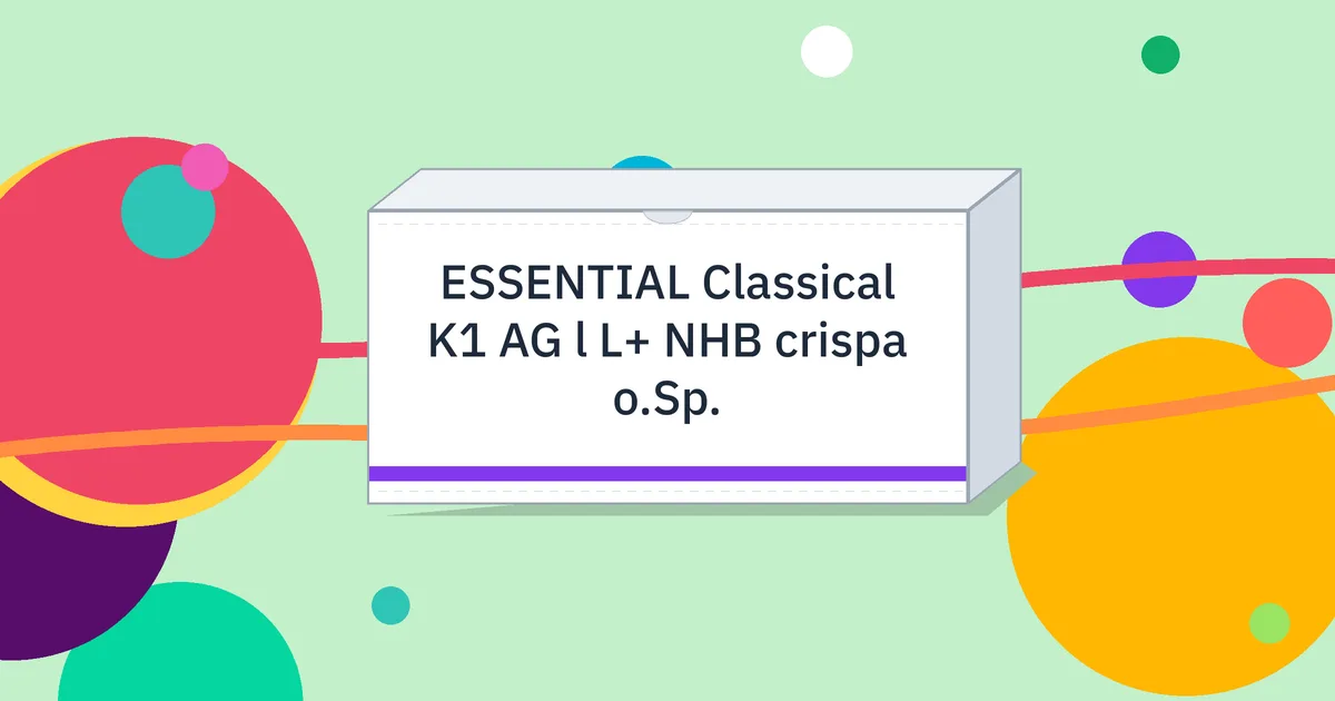 Symbolbild: Packung mit der Aufschrift ESSENTIAL Classical K1 AG l L+ NHB crispa o.Sp. (PZN 17001127) – Verfügbarkeit und Bezug in Apotheken in Frankfurt am Main