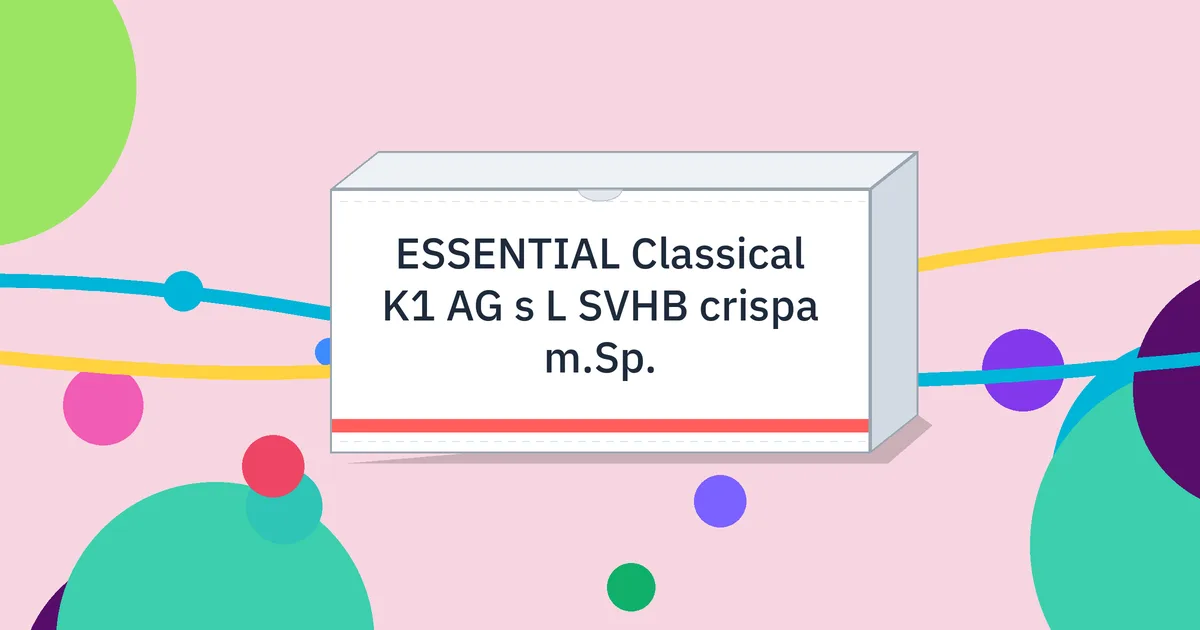 Symbolbild: Packung mit der Aufschrift ESSENTIAL Classical K1 AG s L SVHB crispa m.Sp. (PZN 18420837) – Verfügbarkeit und Bezug in Apotheken in Frankfurt am Main