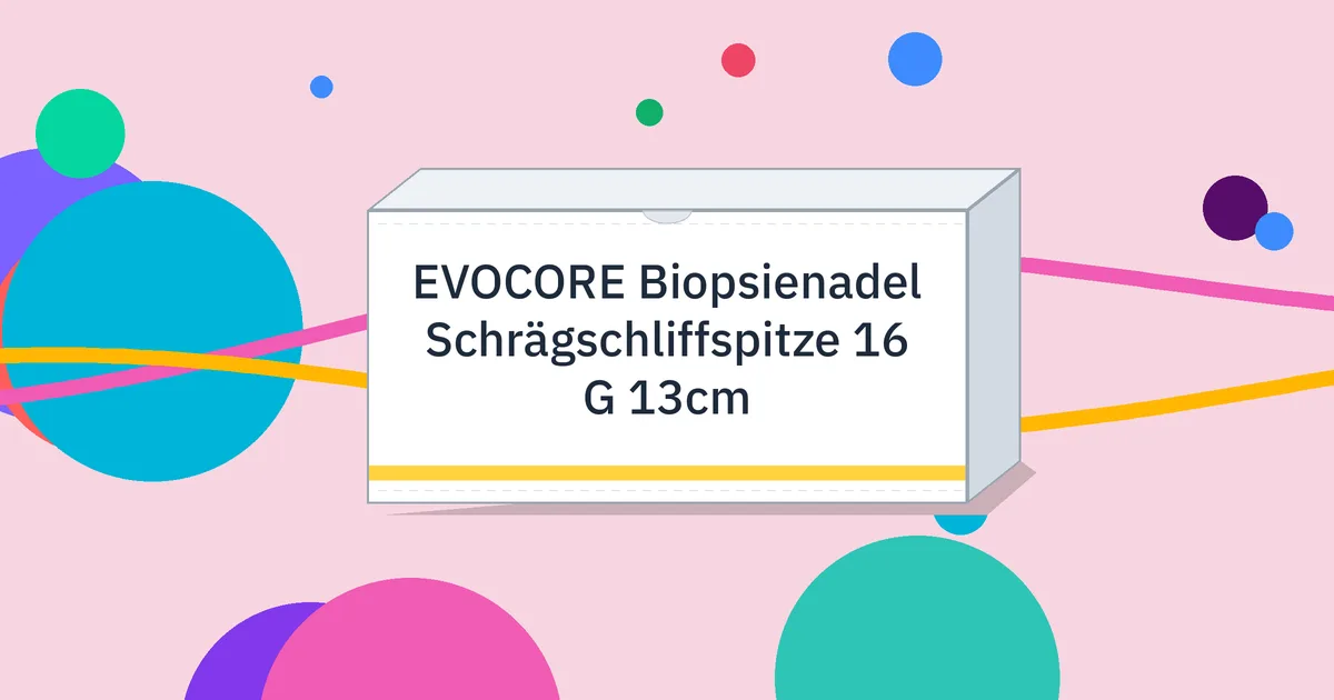 Symbolbild: Packung mit der Aufschrift EVOCORE Biopsienadel Schrägschliffspitze 16 G 13cm (PZN 11655224) – Verfügbarkeit und Bezug in Apotheken in Frankfurt am Main