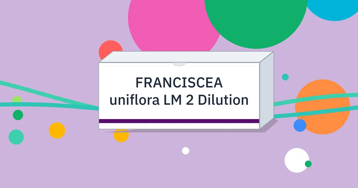 Symbolbild: Packung mit der Aufschrift FRANCISCEA uniflora LM 2 Dilution (PZN 13490974) – Verfügbarkeit und Bezug in Apotheken in Frankfurt am Main