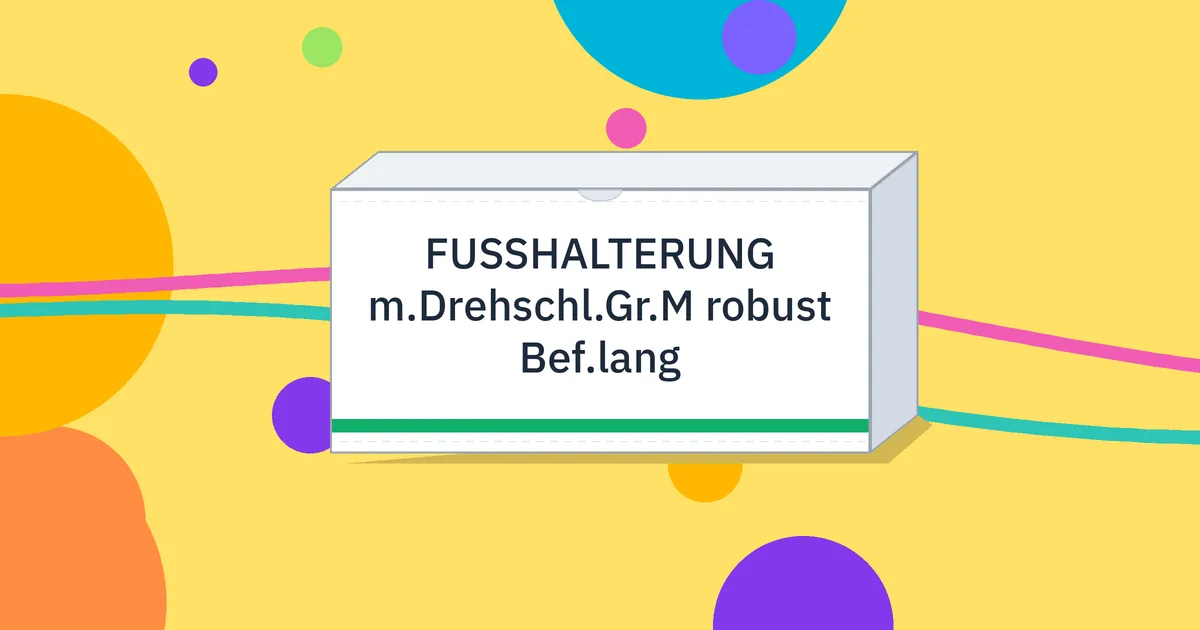 Symbolbild: Packung mit der Aufschrift FUSSHALTERUNG m.Drehschl.Gr.M robust Bef.lang (PZN 11568620) – Verfügbarkeit und Bezug in Apotheken in Frankfurt am Main