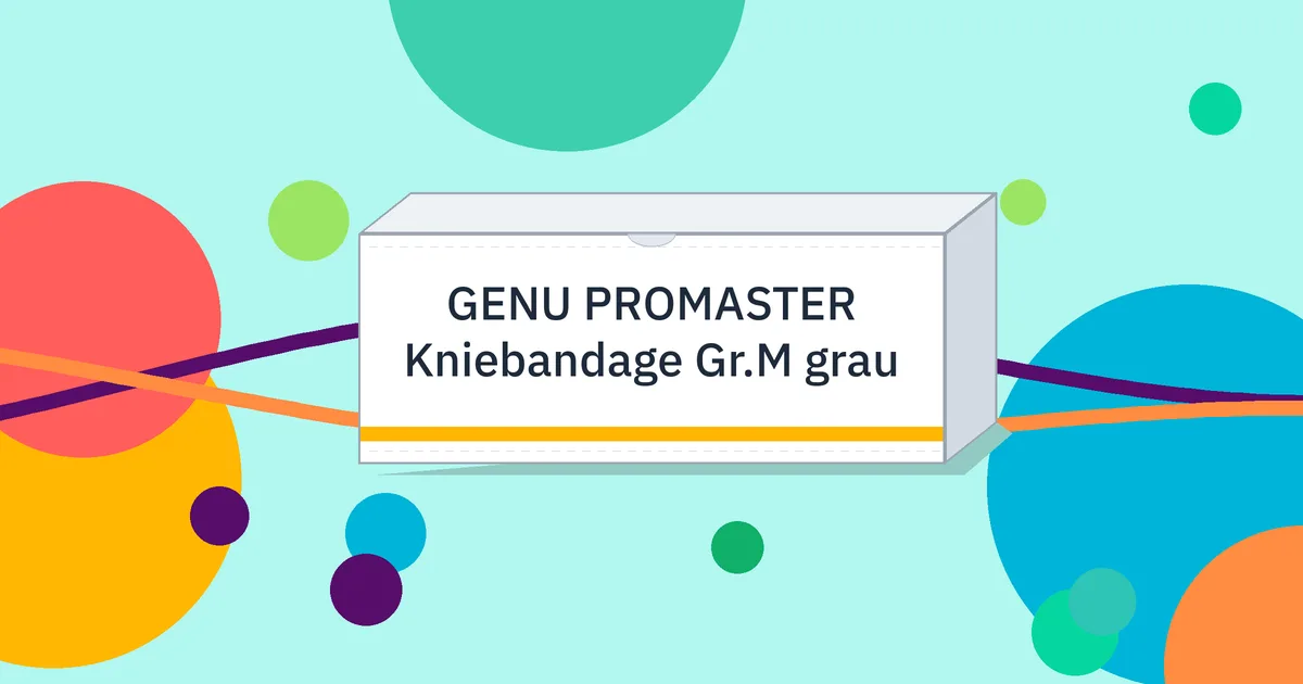 Symbolbild: Packung mit der Aufschrift GENU PROMASTER Kniebandage Gr.M grau (PZN 10927382) – Verfügbarkeit und Bezug in Apotheken in Frankfurt am Main