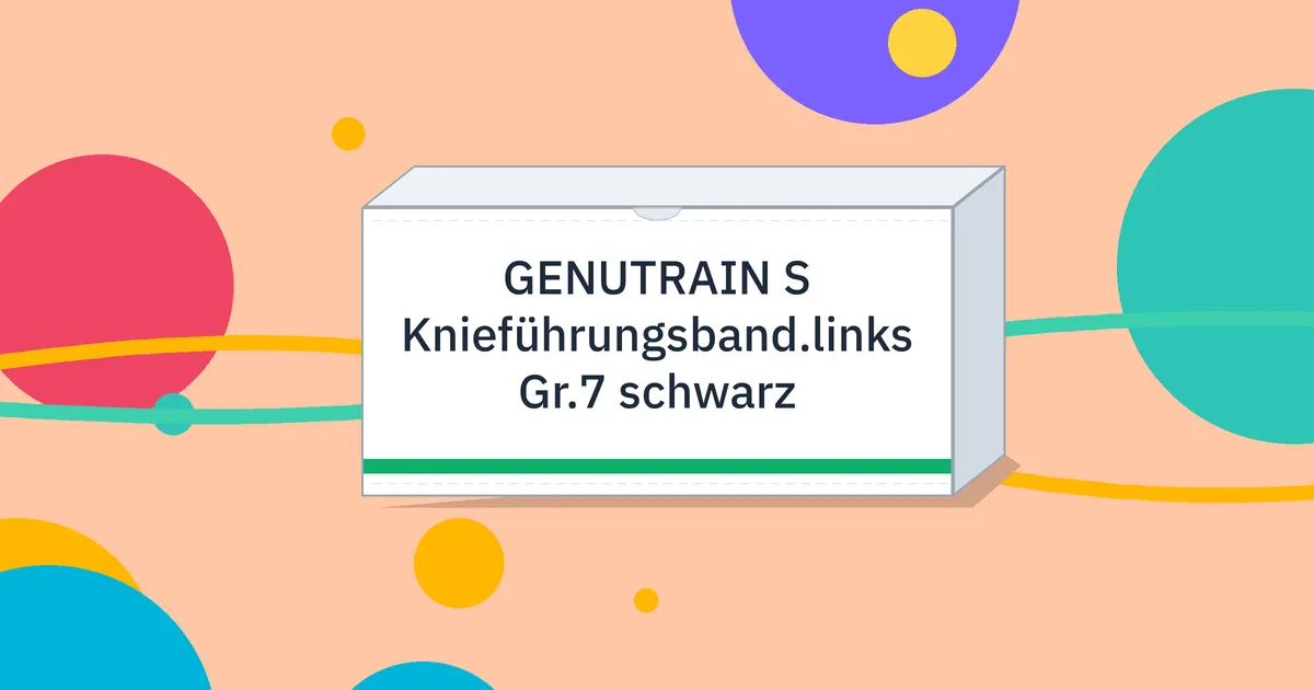 Symbolbild: Packung mit der Aufschrift GENUTRAIN S Knieführungsband.links Gr.7 schwarz (PZN 11228835) – Verfügbarkeit und Bezug in Apotheken in Frankfurt am Main