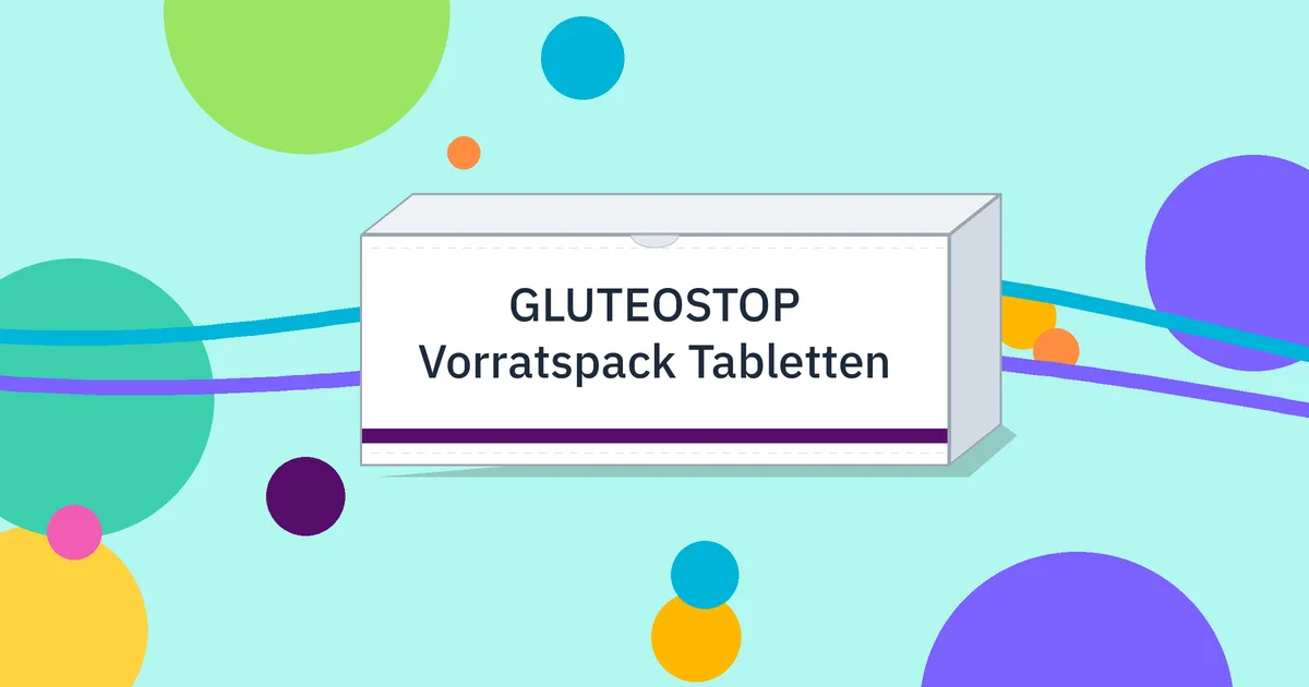 Symbolbild: Packung mit der Aufschrift GLUTEOSTOP Vorratspack Tabletten (PZN 14359584) – Verfügbarkeit und Bezug in Apotheken in Frankfurt am Main