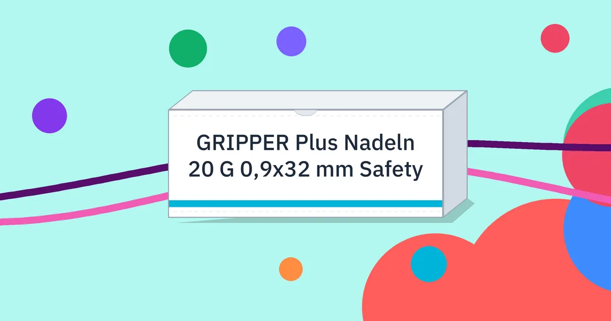 Symbolbild: Packung mit der Aufschrift GRIPPER Plus Nadeln 20 G 0,9x32 mm Safety (PZN 14287123) – Verfügbarkeit und Bezug in Apotheken in Frankfurt am Main