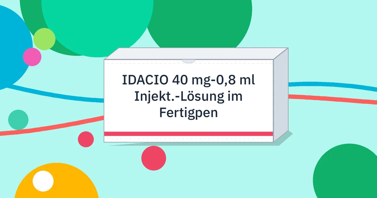 Symbolbild: Packung mit der Aufschrift IDACIO 40 mg-0,8 ml Injekt.-Lösung im Fertigpen (PZN 19880541) – Verfügbarkeit und Bezug in Apotheken in Frankfurt am Main