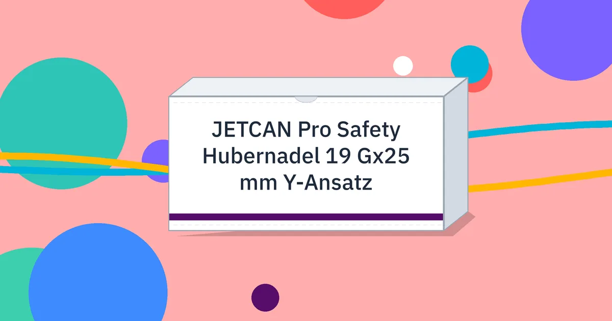 Symbolbild: Packung mit der Aufschrift JETCAN Pro Safety Hubernadel 19 Gx25 mm Y-Ansatz (PZN 19238879) – Verfügbarkeit und Bezug in Apotheken in Frankfurt am Main