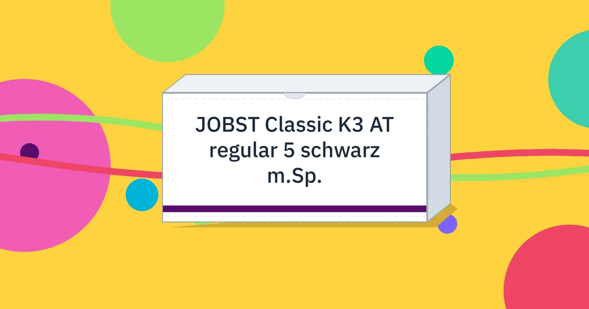 Symbolbild: Packung mit der Aufschrift JOBST Classic K3 AT regular 5 schwarz m.Sp. (PZN 13078162) – Verfügbarkeit und Bezug in Apotheken in Frankfurt am Main