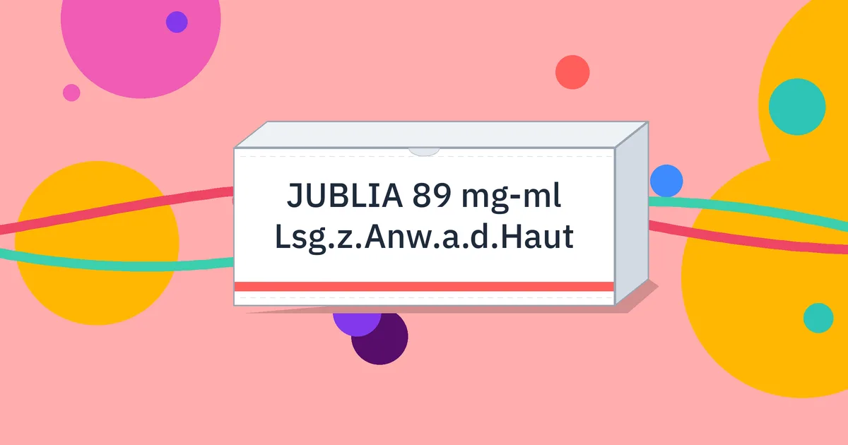 Symbolbild: Packung mit der Aufschrift JUBLIA 89 mg-ml Lsg.z.Anw.a.d.Haut (PZN 19446365) – Verfügbarkeit und Bezug in Apotheken in Frankfurt am Main
