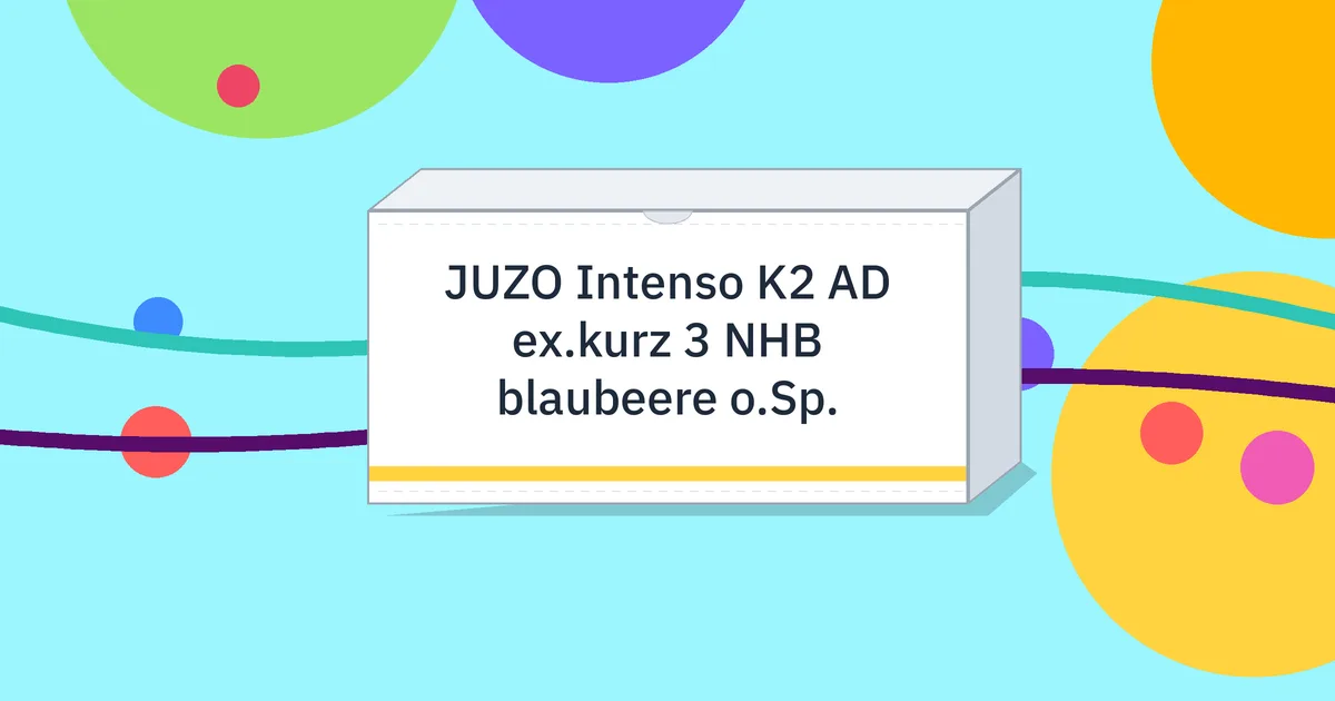 Symbolbild: Packung mit der Aufschrift JUZO Intenso K2 AD ex.kurz 3 NHB blaubeere o.Sp. (PZN 18622185) – Verfügbarkeit und Bezug in Apotheken in Frankfurt am Main