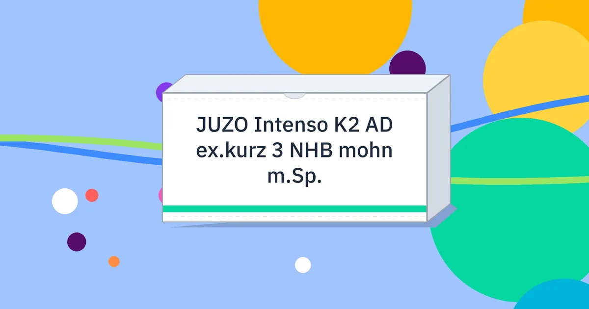Symbolbild: Packung mit der Aufschrift JUZO Intenso K2 AD ex.kurz 3 NHB mohn m.Sp. (PZN 18611767) – Verfügbarkeit und Bezug in Apotheken in Frankfurt am Main