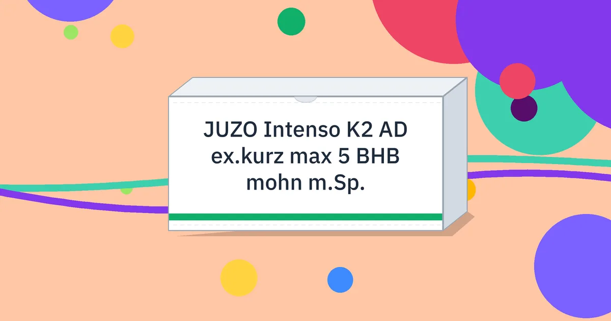 Symbolbild: Packung mit der Aufschrift JUZO Intenso K2 AD ex.kurz max 5 BHB mohn m.Sp. (PZN 18614151) – Verfügbarkeit und Bezug in Apotheken in Frankfurt am Main