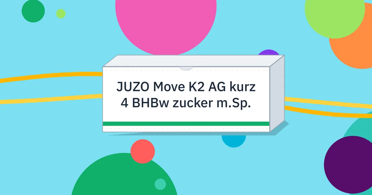 Symbolbild: Packung mit der Aufschrift JUZO Move K2 AG kurz 4 BHBw zucker m.Sp. (PZN 18528316) – Verfügbarkeit und Bezug in Apotheken in Frankfurt am Main