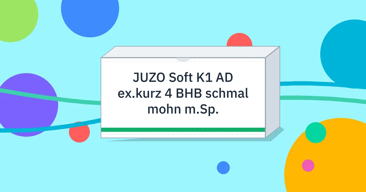 Symbolbild: Packung mit der Aufschrift JUZO Soft K1 AD ex.kurz 4 BHB schmal mohn m.Sp. (PZN 15462628) – Verfügbarkeit und Bezug in Apotheken in Frankfurt am Main
