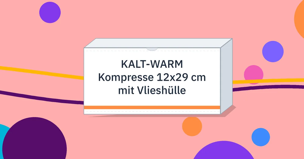 Symbolbild: Packung mit der Aufschrift KALT-WARM Kompresse 12x29 cm mit Vlieshülle (PZN 02738253) – Verfügbarkeit und Bezug in Apotheken in Frankfurt am Main