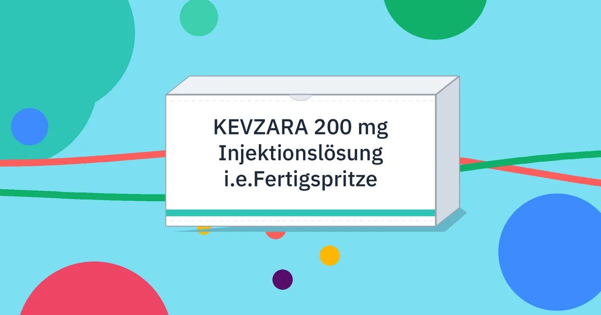 Symbolbild: Packung mit der Aufschrift KEVZARA 200 mg Injektionslösung i.e.Fertigspritze (PZN 15391756) – Verfügbarkeit und Bezug in Apotheken in Frankfurt am Main