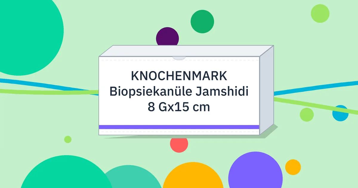 Symbolbild: Packung mit der Aufschrift KNOCHENMARK Biopsiekanüle Jamshidi 8 Gx15 cm (PZN 07097818) – Verfügbarkeit und Bezug in Apotheken in Frankfurt am Main