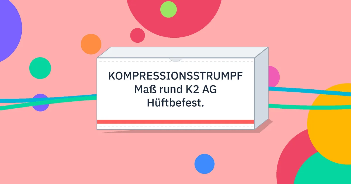 Symbolbild: Packung mit der Aufschrift KOMPRESSIONSSTRUMPF Maß rund K2 AG Hüftbefest. (PZN 04778771) – Verfügbarkeit und Bezug in Apotheken in Frankfurt am Main