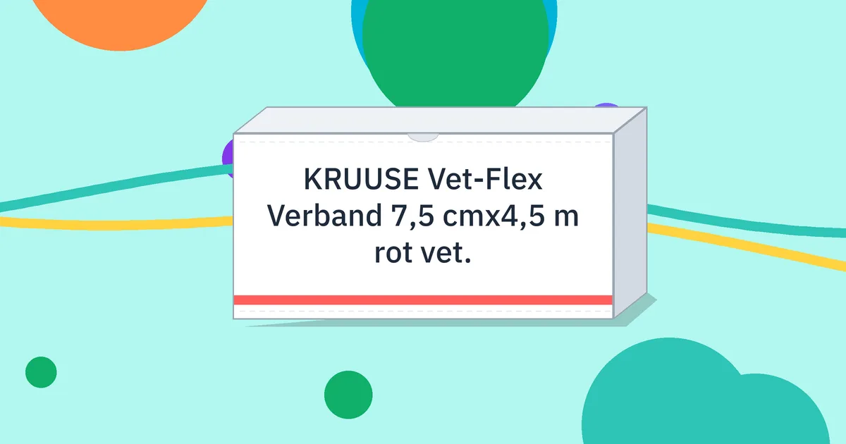Symbolbild: Packung mit der Aufschrift KRUUSE Vet-Flex Verband 7,5 cmx4,5 m rot vet. (PZN 18443531) – Verfügbarkeit und Bezug in Apotheken in Frankfurt am Main