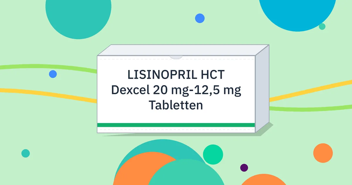 Symbolbild: Packung mit der Aufschrift LISINOPRIL HCT Dexcel 20 mg-12,5 mg Tabletten (PZN 15883726) – Verfügbarkeit und Bezug in Apotheken in Frankfurt am Main