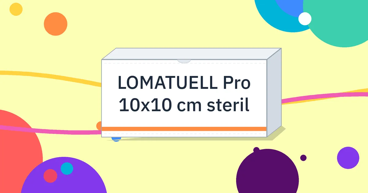 Symbolbild: Packung mit der Aufschrift LOMATUELL Pro 10x10 cm steril (PZN 19701780) – Verfügbarkeit und Bezug in Apotheken in Frankfurt am Main