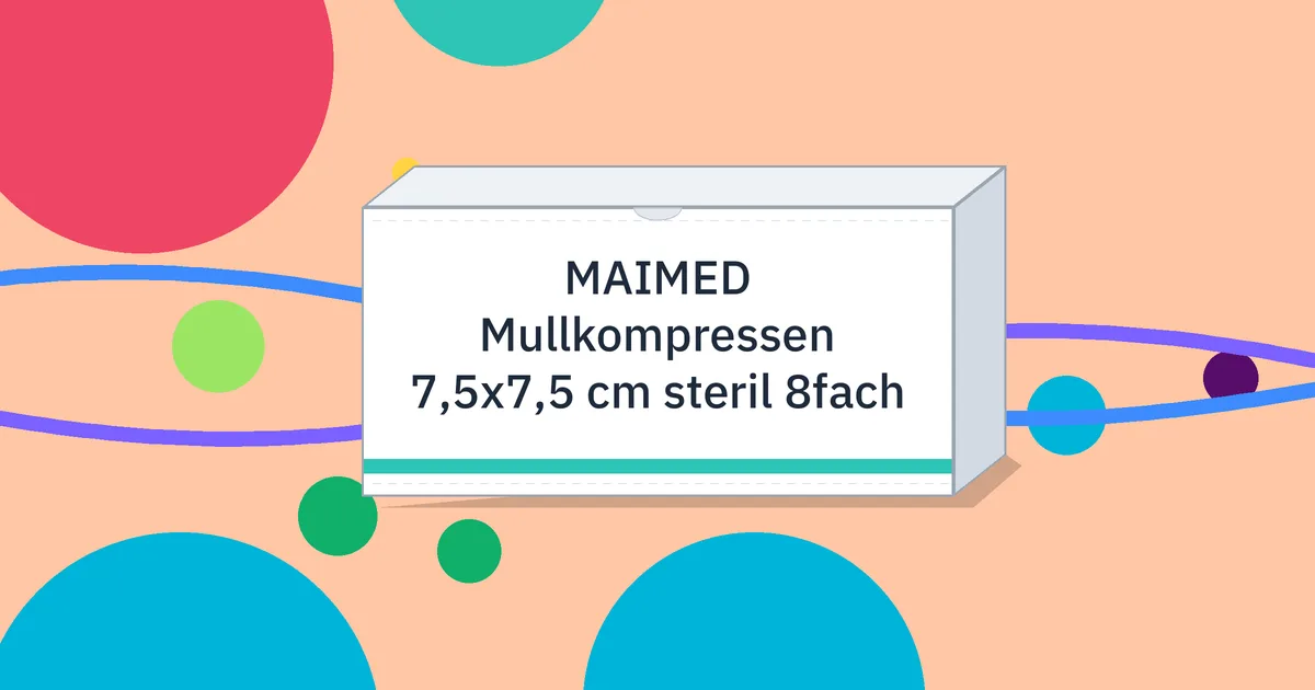 Symbolbild: Packung mit der Aufschrift MAIMED Mullkompressen 7,5x7,5 cm steril 8fach (PZN 20055256) – Verfügbarkeit und Bezug in Apotheken in Frankfurt am Main