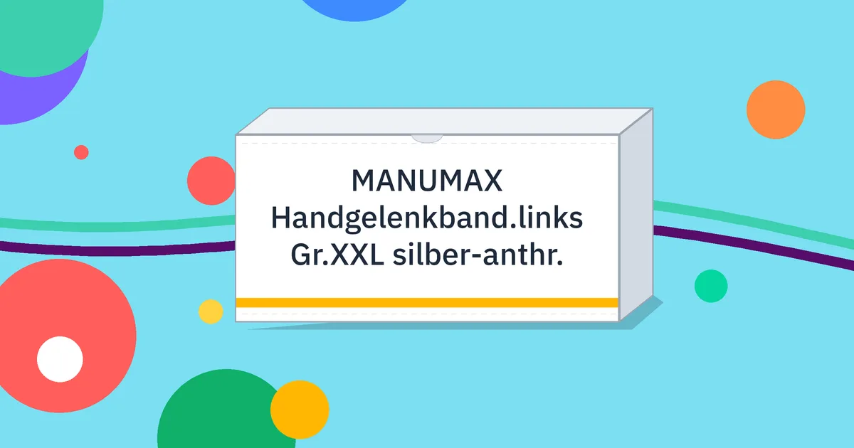 Symbolbild: Packung mit der Aufschrift MANUMAX Handgelenkband.links Gr.XXL silber-anthr. (PZN 11096813) – Verfügbarkeit und Bezug in Apotheken in Frankfurt am Main