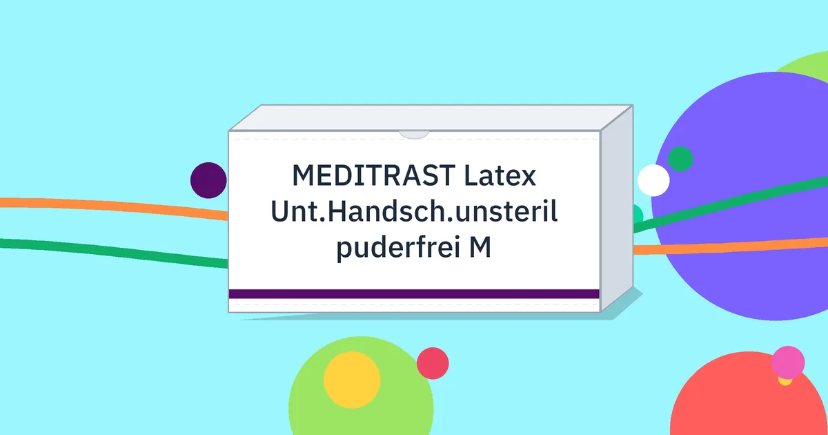 Symbolbild: Packung mit der Aufschrift MEDITRAST Latex Unt.Handsch.unsteril puderfrei M (PZN 13511044) – Verfügbarkeit und Bezug in Apotheken in Frankfurt am Main