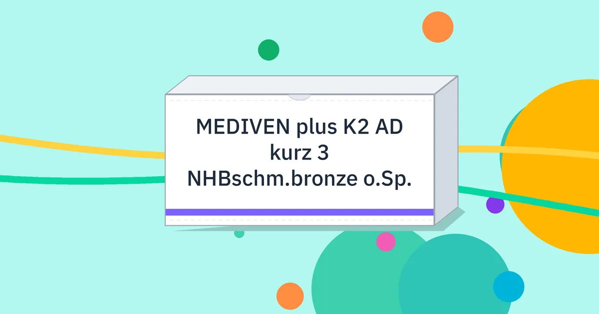 Symbolbild: Packung mit der Aufschrift MEDIVEN plus K2 AD kurz 3 NHBschm.bronze o.Sp. (PZN 15926861) – Verfügbarkeit und Bezug in Apotheken in Frankfurt am Main