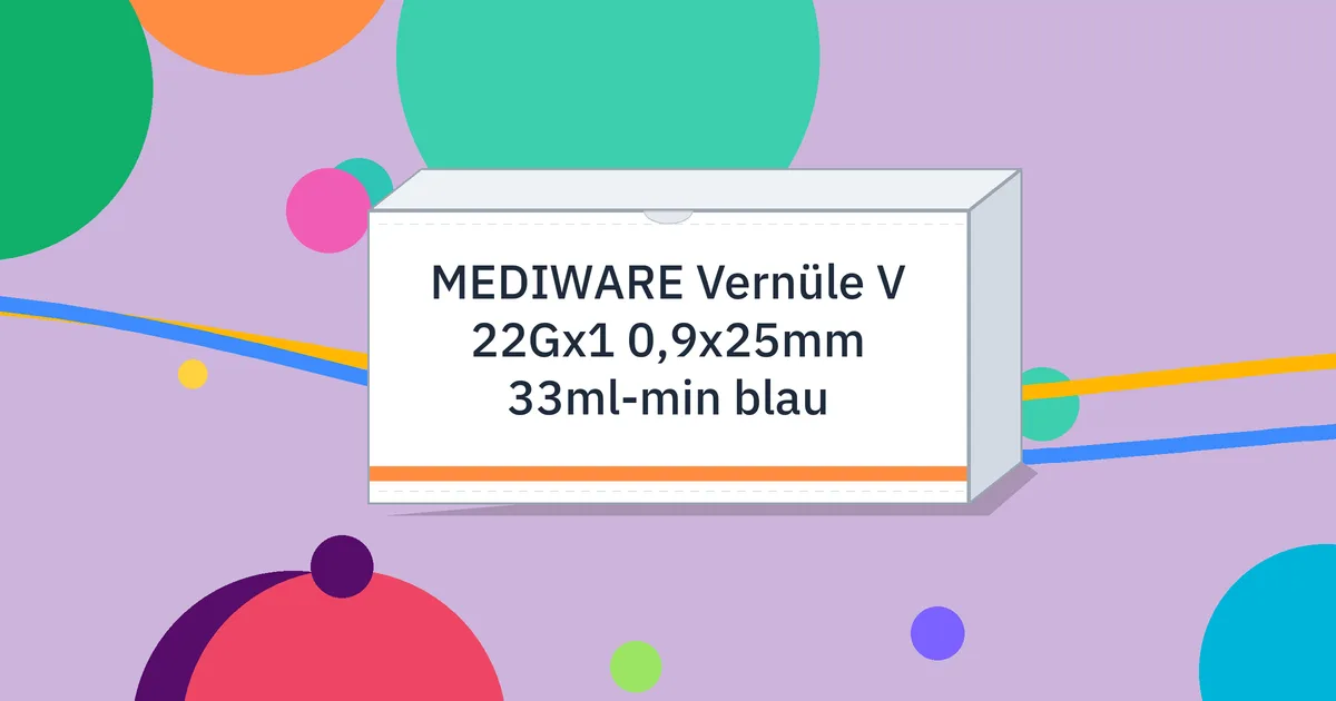 Symbolbild: Packung mit der Aufschrift MEDIWARE Vernüle V 22Gx1 0,9x25mm 33ml-min blau (PZN 16034343) – Verfügbarkeit und Bezug in Apotheken in Frankfurt am Main