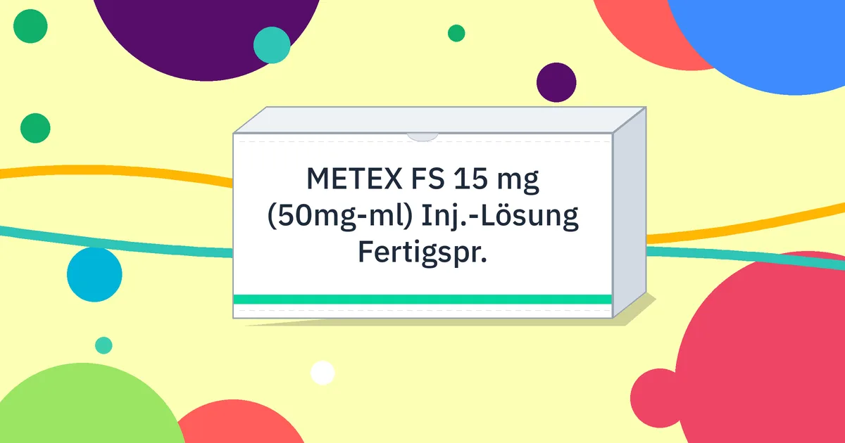 Symbolbild: Packung mit der Aufschrift METEX FS 15 mg (50mg-ml) Inj.-Lösung Fertigspr. (PZN 18502682) – Verfügbarkeit und Bezug in Apotheken in Frankfurt am Main