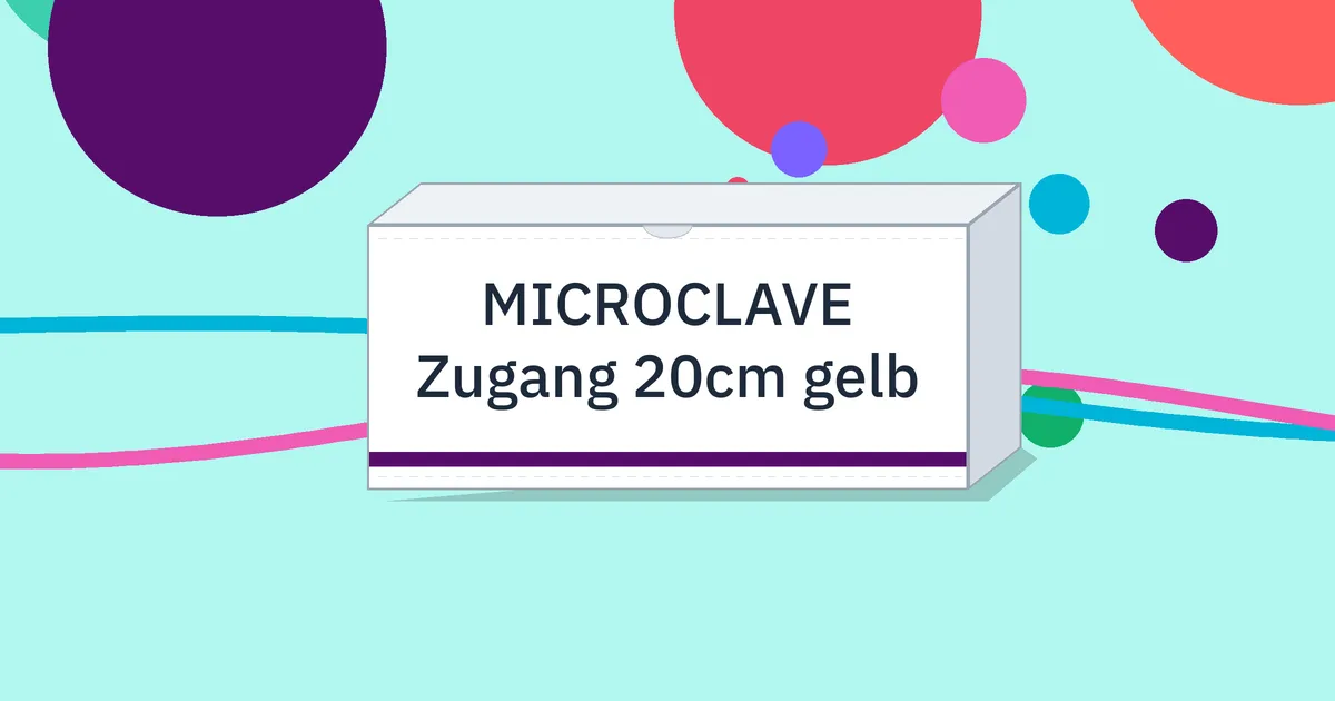 Symbolbild: Packung mit der Aufschrift MICROCLAVE Zugang 20cm gelb (PZN 18498911) – Verfügbarkeit und Bezug in Apotheken in Frankfurt am Main