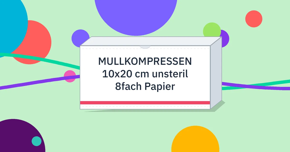 Symbolbild: Packung mit der Aufschrift MULLKOMPRESSEN 10x20 cm unsteril 8fach Papier (PZN 01596408) – Verfügbarkeit und Bezug in Apotheken in Frankfurt am Main